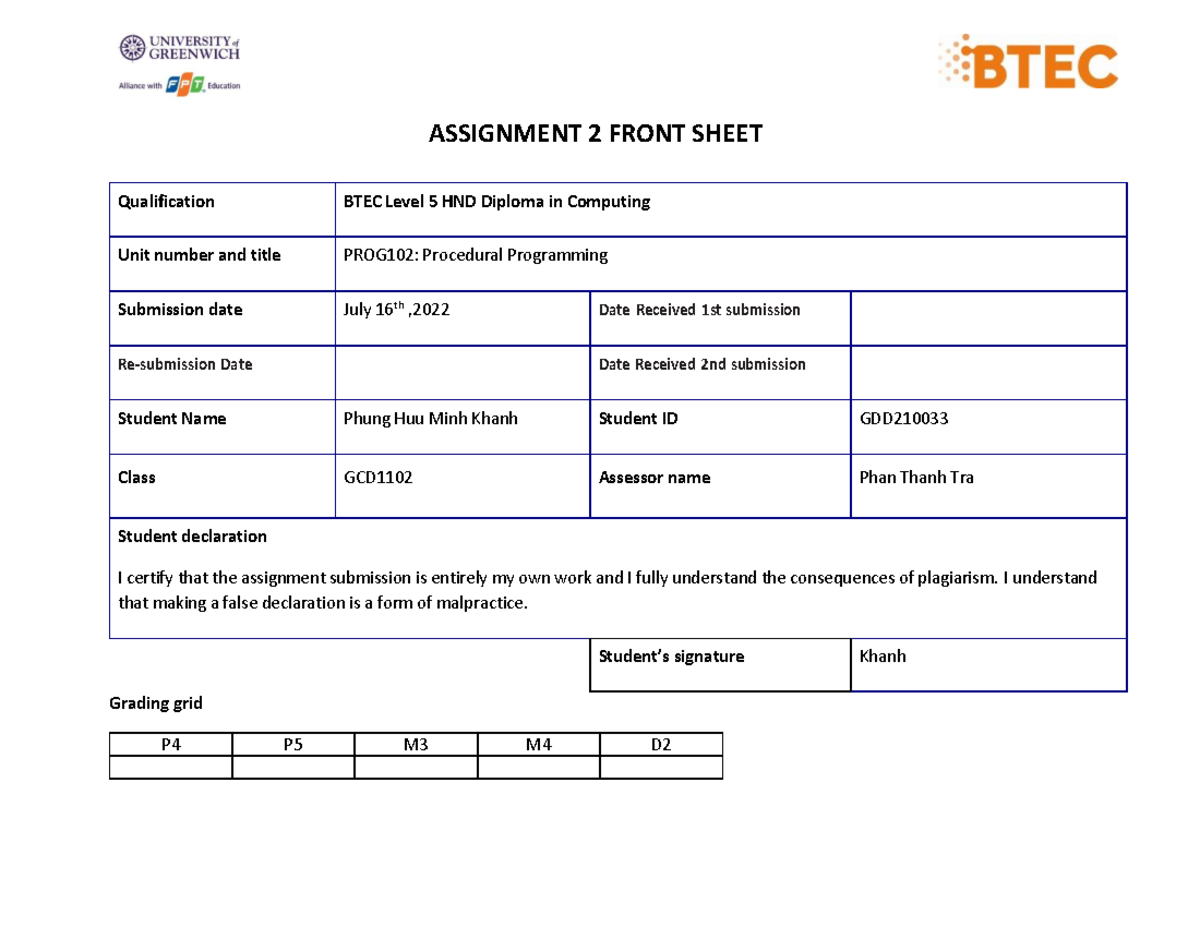 Prog102 Assignment 2 Khanh Phmgdd 210033 Assignment 2 Front Sheet Qualification Btec Level