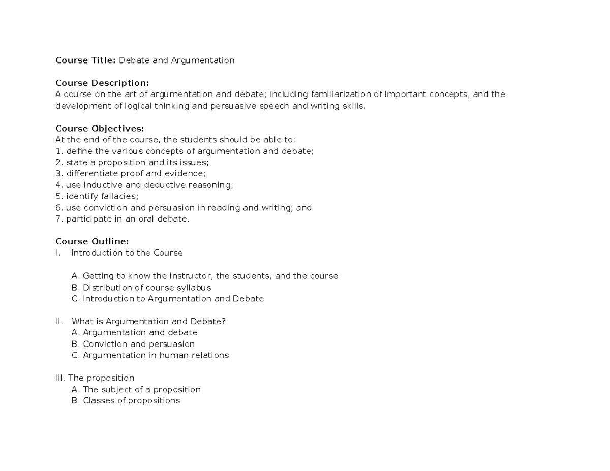 Debate and Argumentation Syllabus - Course Title: Debate and ...