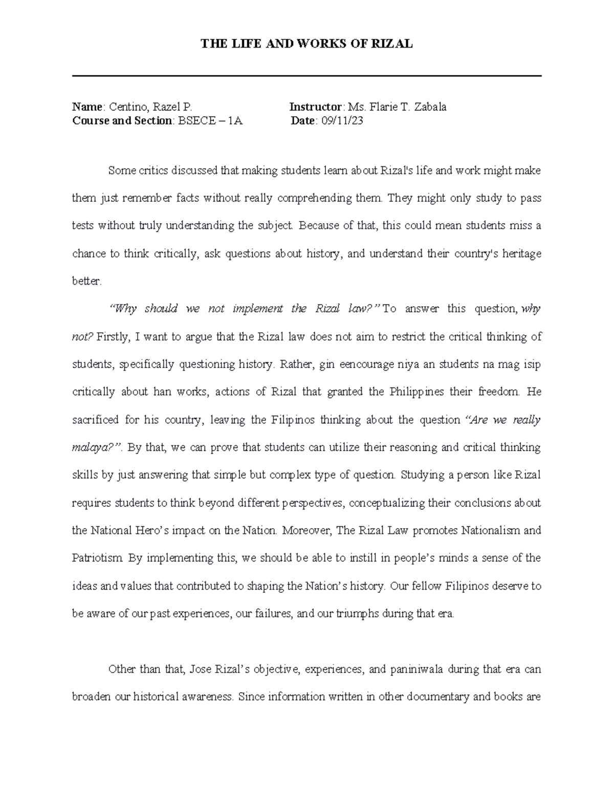 Rizal Essay HAHA - research notes - THE LIFE AND WORKS OF RIZAL Name ...