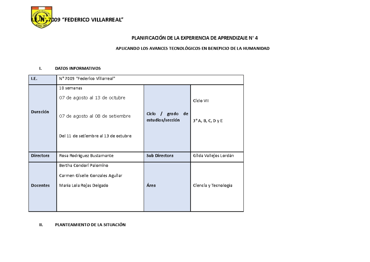 EDA 4 - VII ciclo - Programación de una EDA (Experiencia de Aprendizaje) - PLANIFICACIÓN DE LA ...