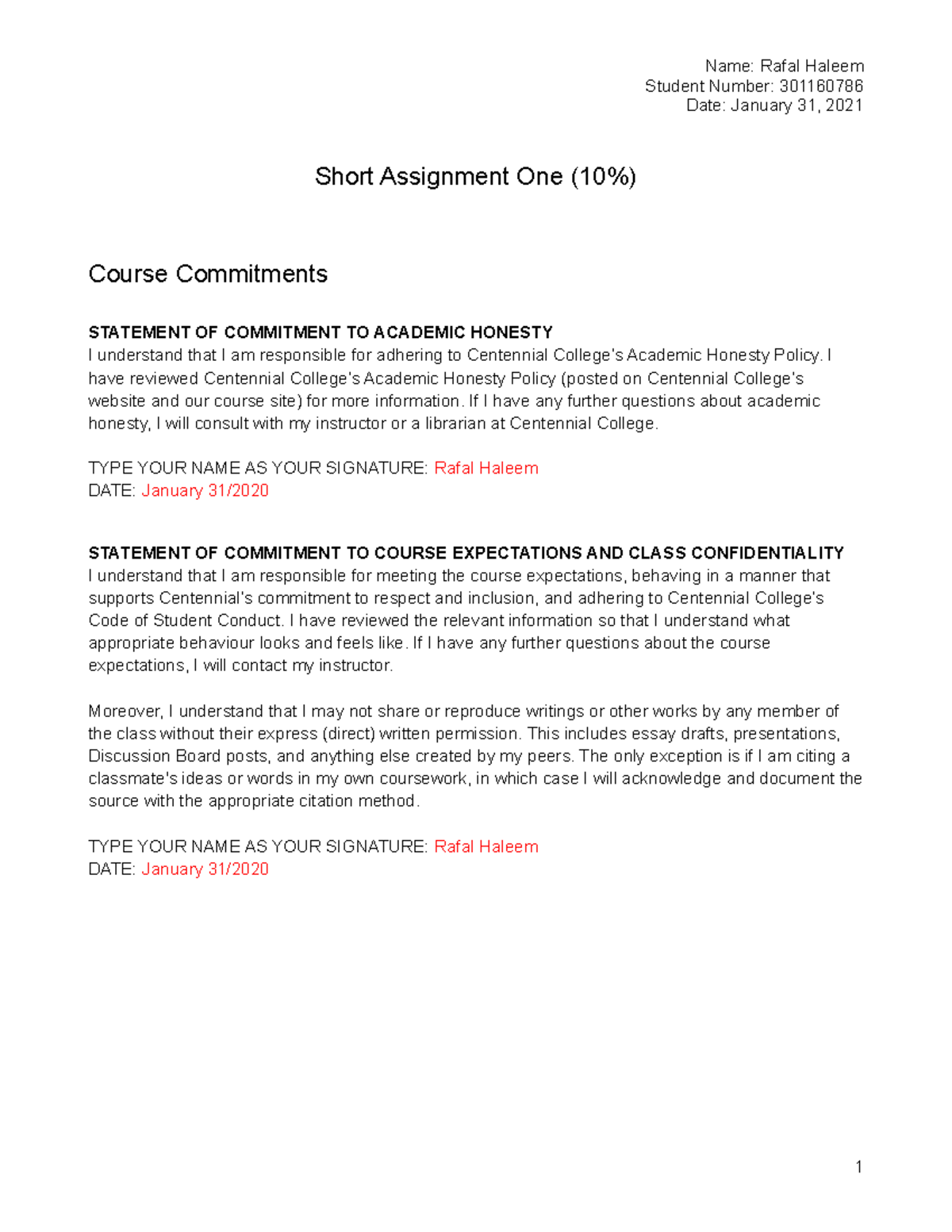 Short Assigment 1 (10%) - Student Number: 301160786 Date: January 31 ...