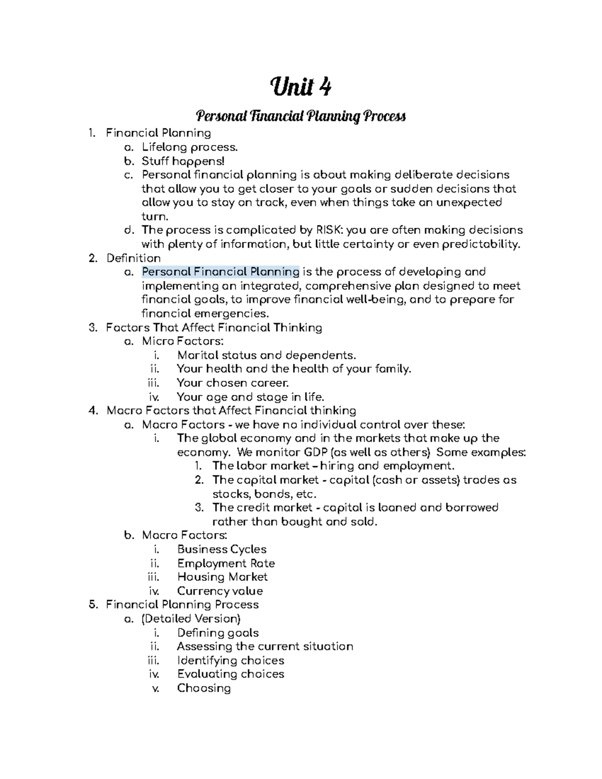 Consumer Ed and Personal Finance Unit 4 - Personal Financial Planning ...