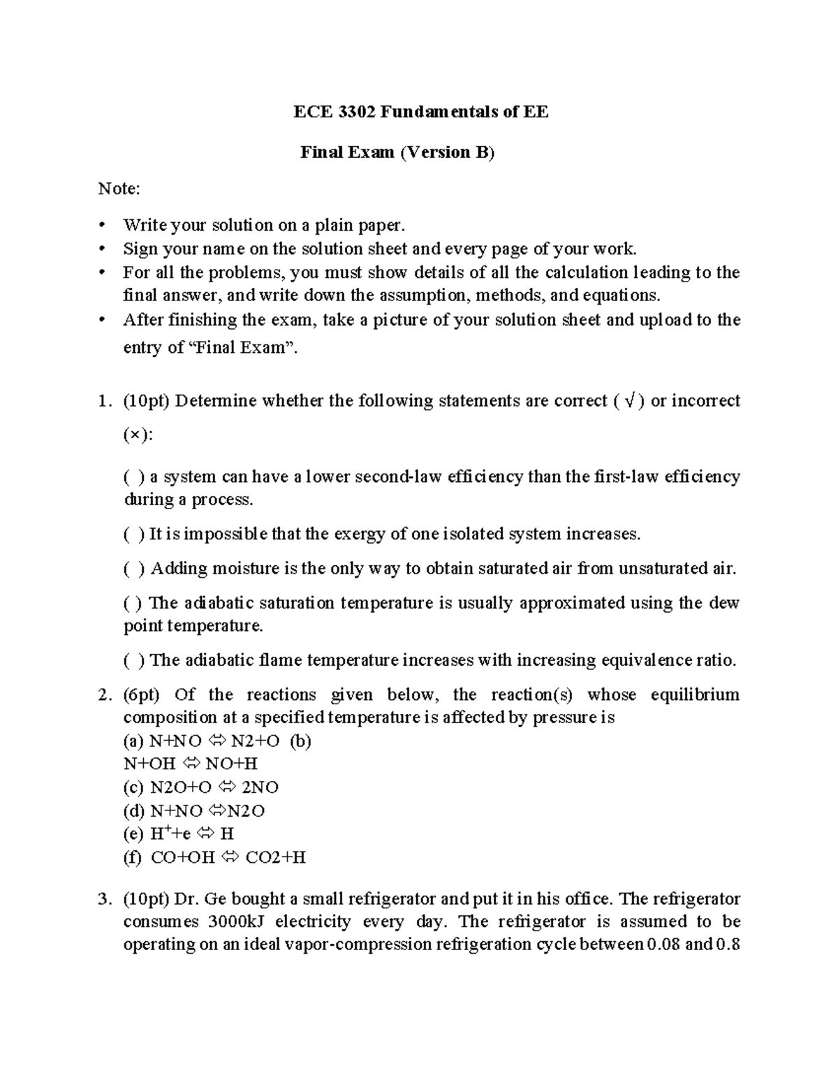 EE3302 Final Practice S20B - ECE 3302 Fundamentals of EE Final Exam (Version B) Note: " Write ...