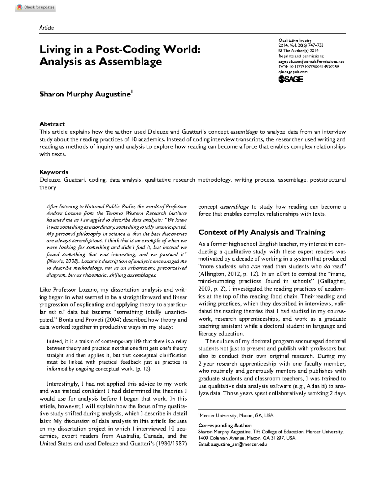 Living IN A POST- Coding - Qualitative Inquiry 2014, Vol. 20(6) 747 ...