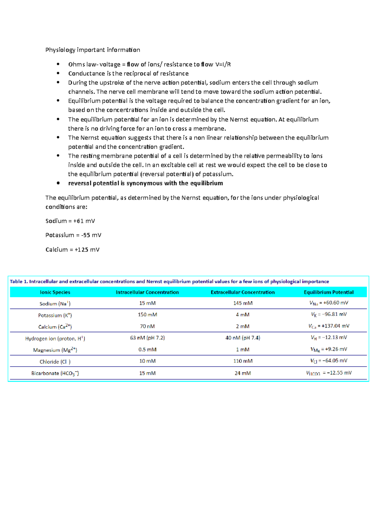Physiology equations and important things to remember - Physiology ...