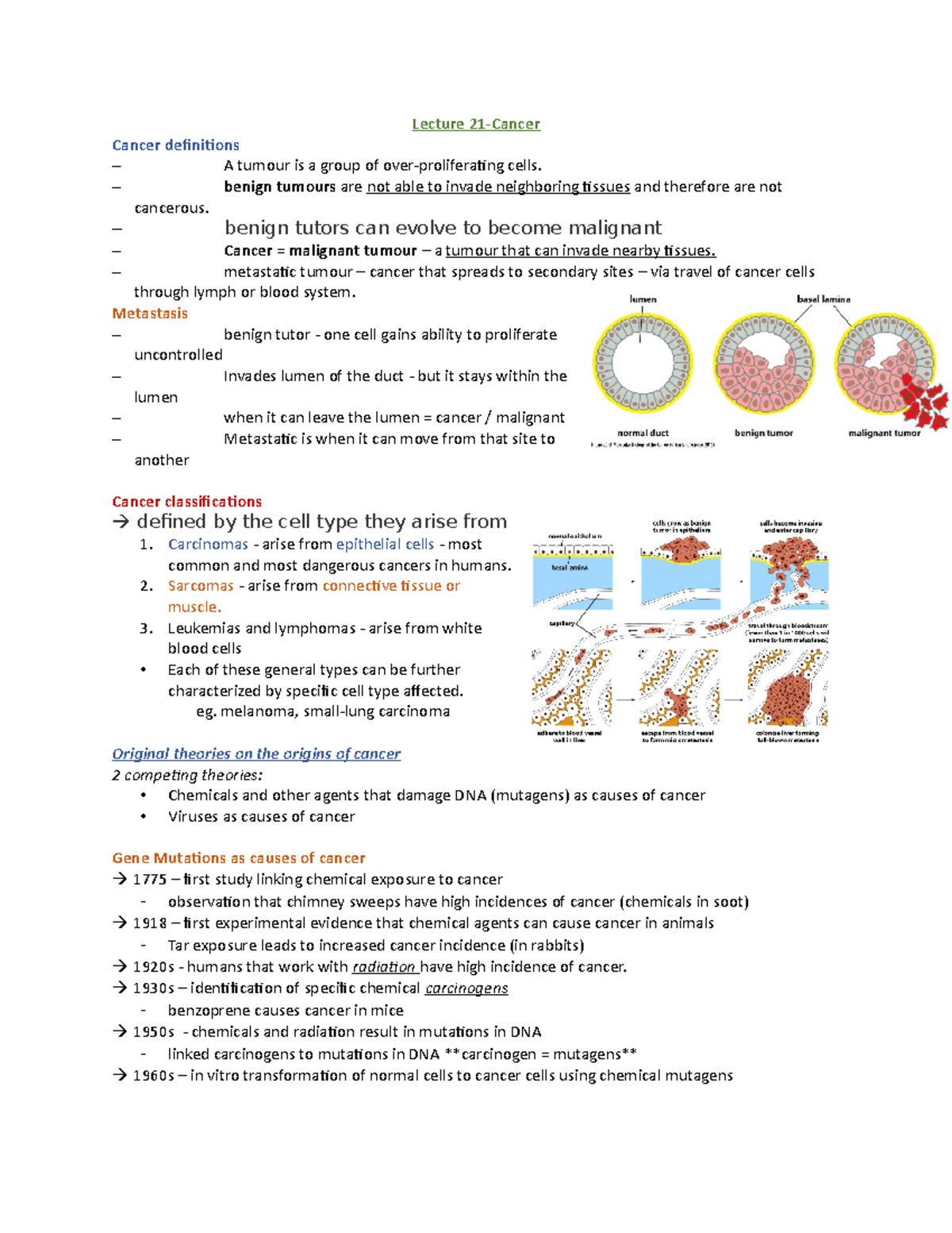 Lecture on Cancer - Lecture 21-Cancer Cancer deiniions A tumour is a ...