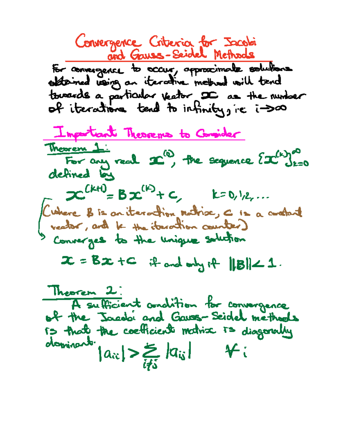 Conclusion - notes - Convergence Criteria for Jacobi and Gauss Seidel ...