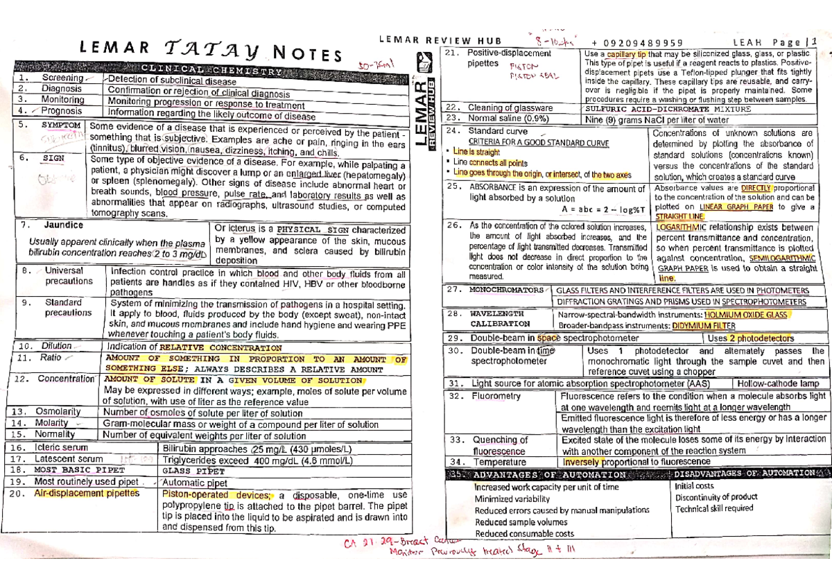Medtech Reviewer all major subjects - Medical Technology - SWU - Studocu