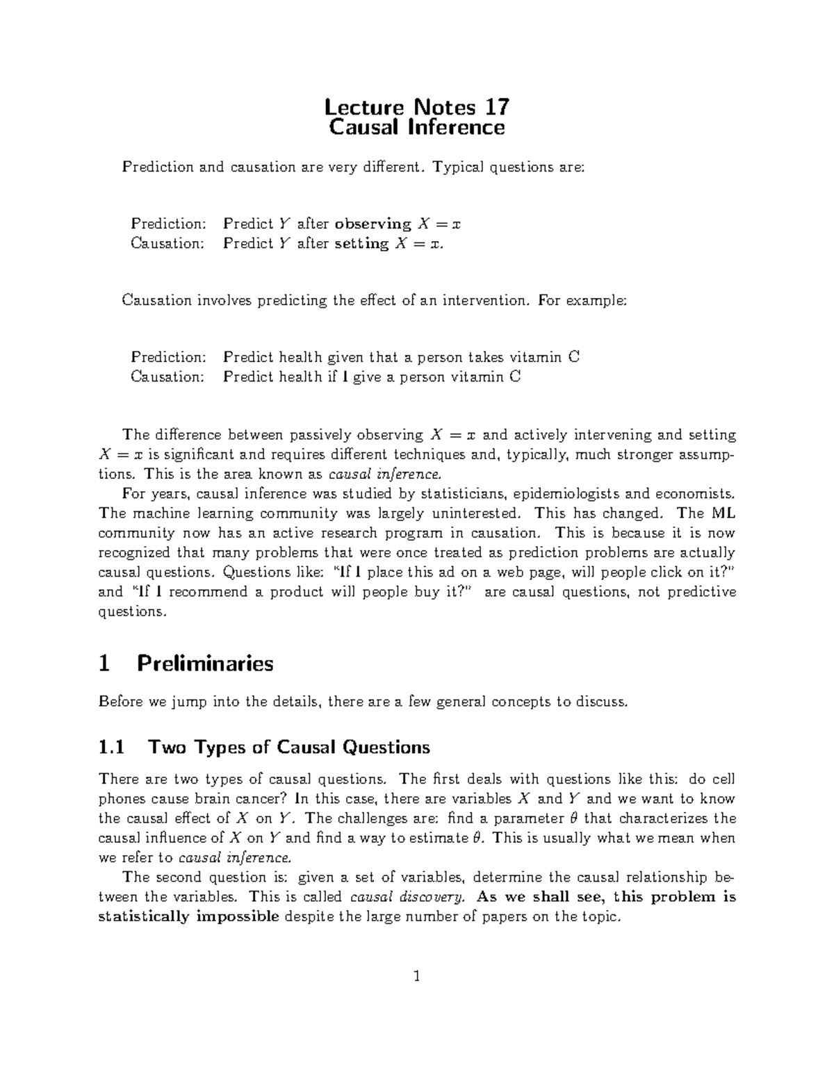 Lecture 17 - Lecture Notes 17 Causal Inference Prediction and causation ...