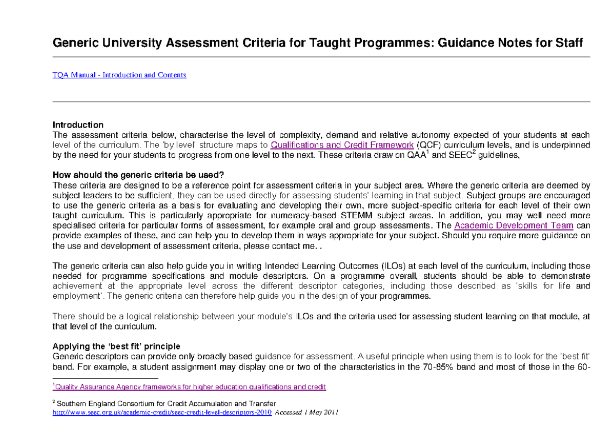 Generic Assessment Criteria - Generic University Assessment Criteria ...