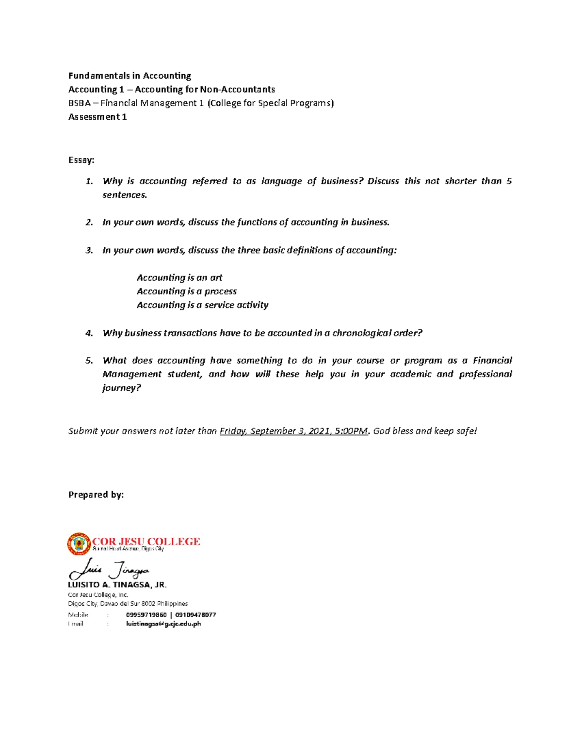 Accounting 1 - Assessment 1 - Fundamentals in Accounting Accounting 1 ...