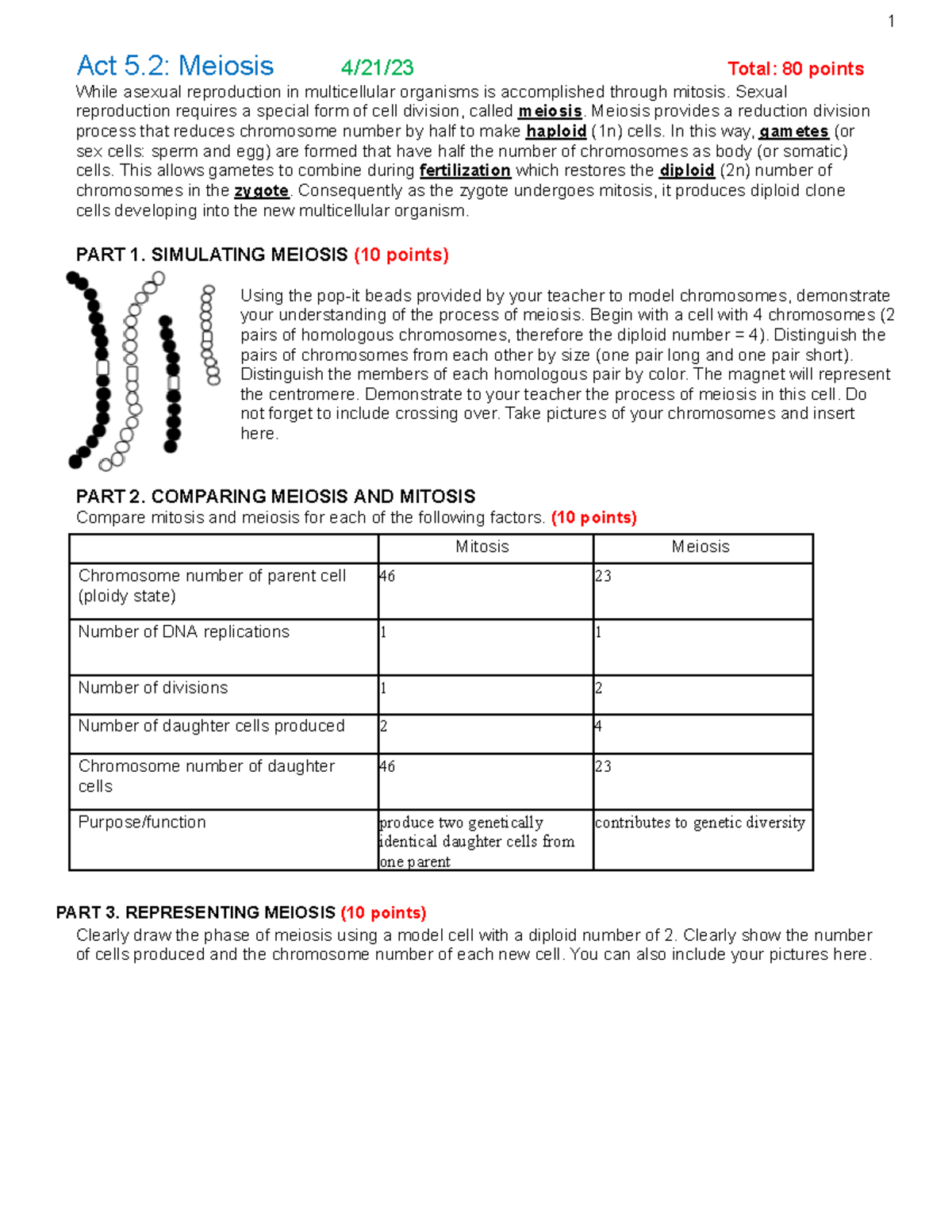 Act 5.2- meiosis.docx - meiosis activity - Act 5: Meiosis 4/21/23 Total ...