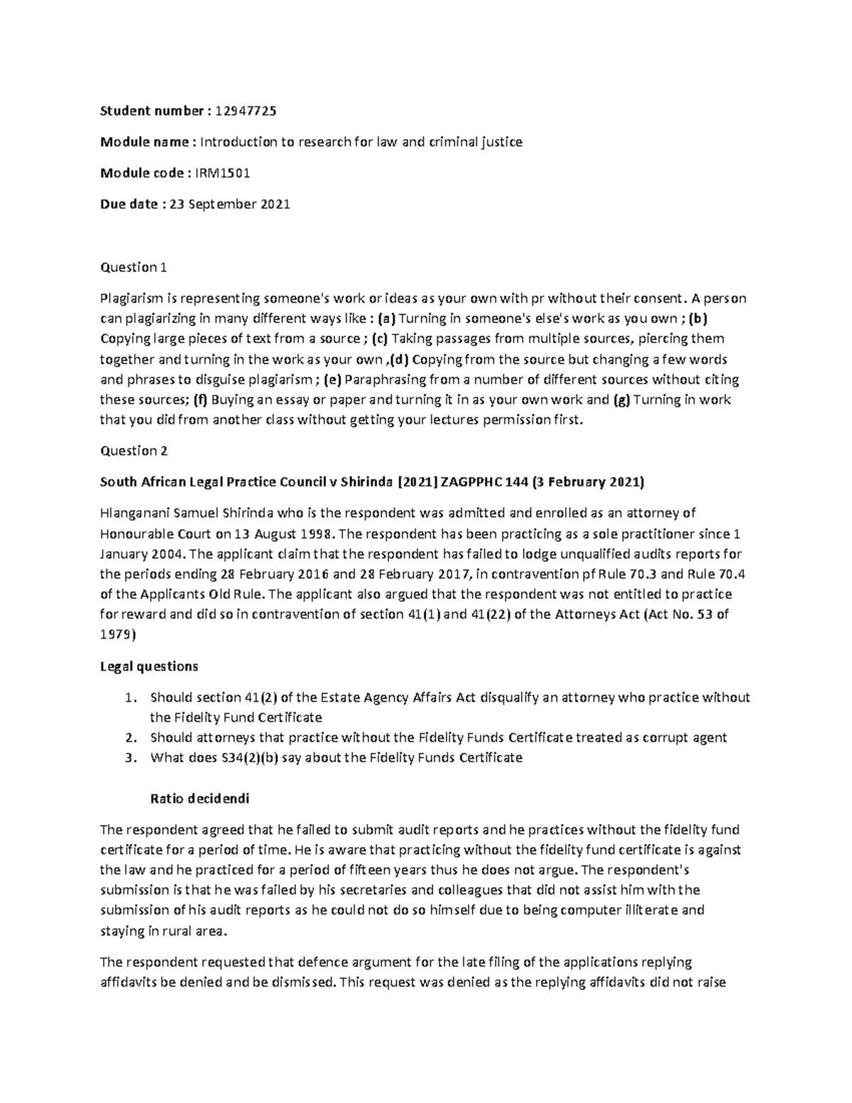 IRM1501 examination portfolio - Student number : 12947725 Module name ...