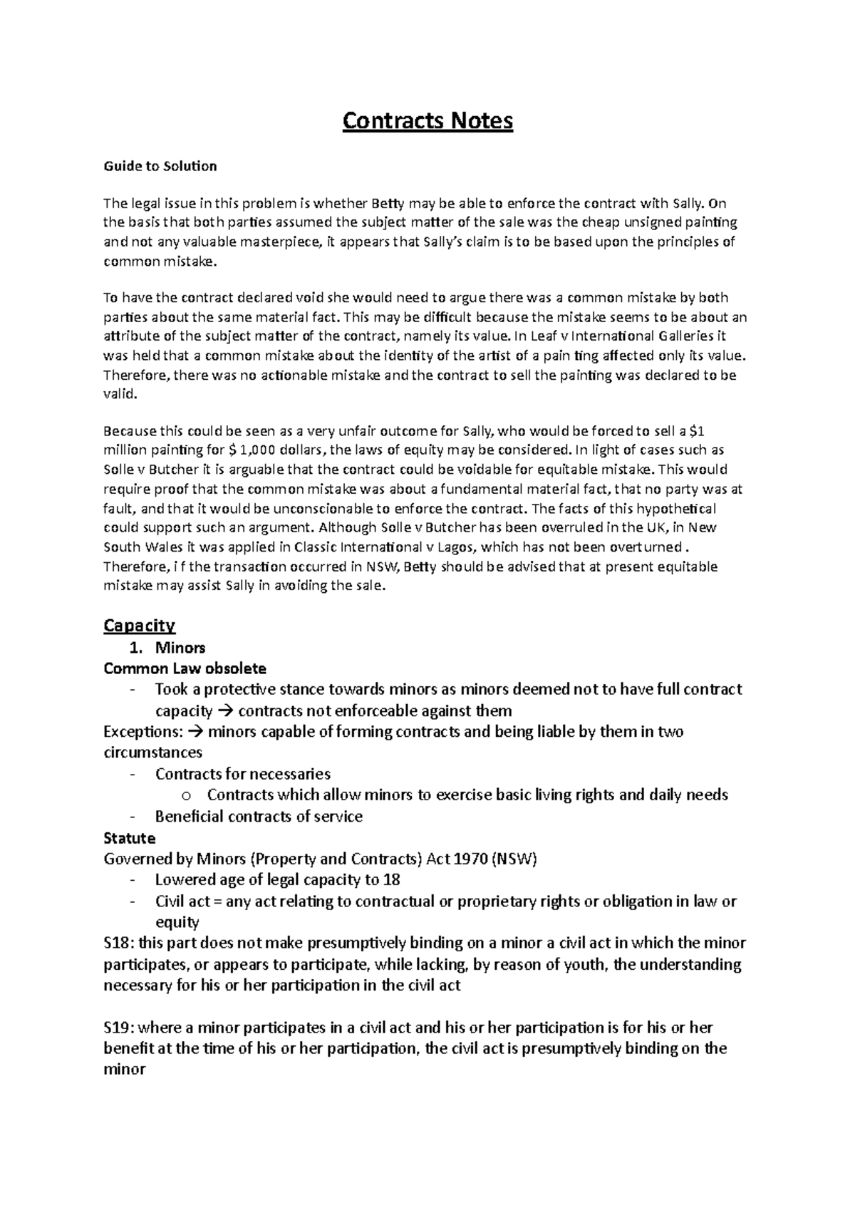 Contracts Notes - Contracts Notes Guide to Solution The legal issue in ...