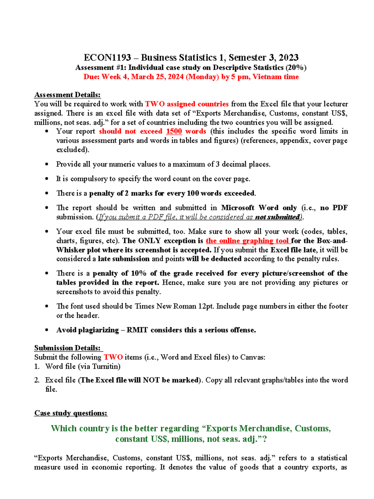 Assignment 1 - ECON1193 – Business Statistics 1, Semester 3, 2023 ...