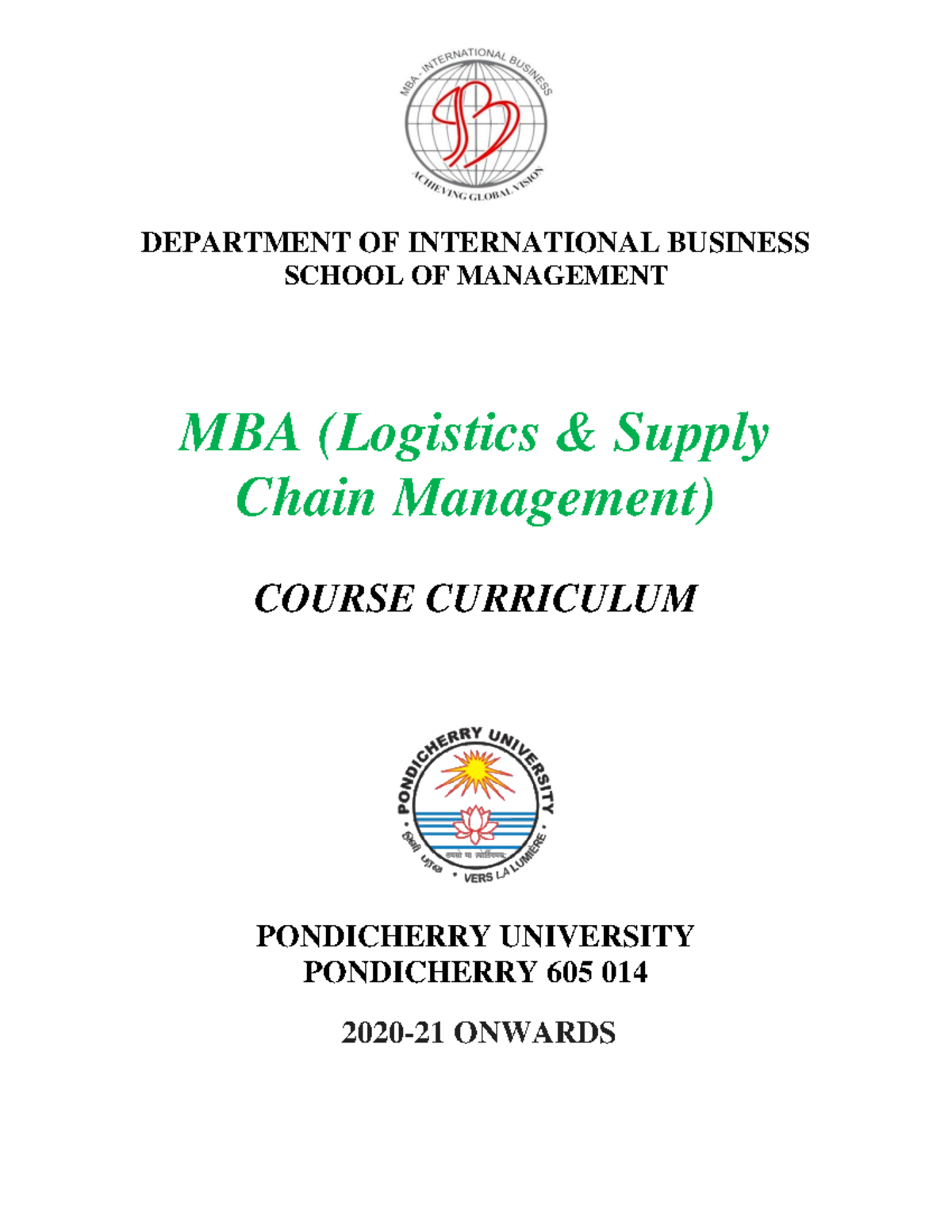 MBA Logistics Supply Chain Management 2020 2021 - DEPARTMENT OF INTERNATIONAL BUSINESS SCHOOL OF ...