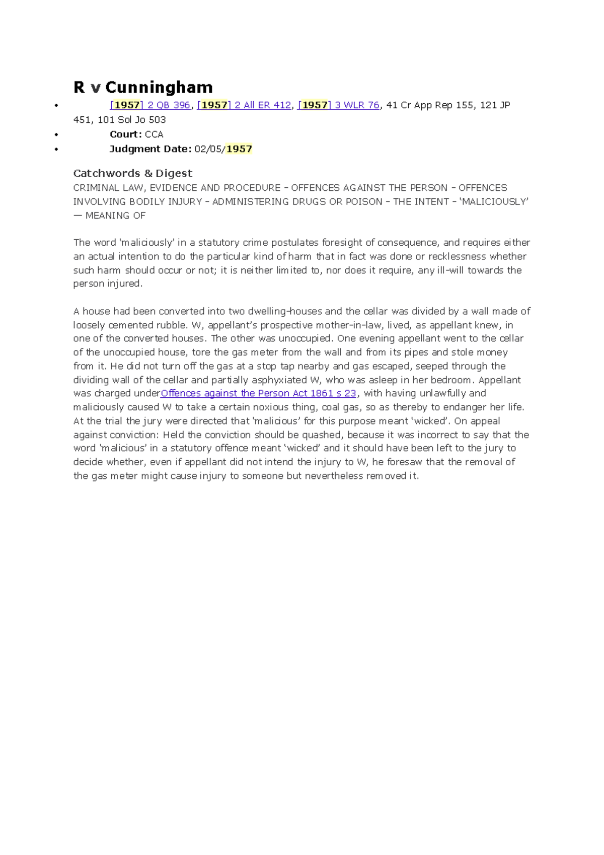 R v Cunningham [1982] AC 566 - R v Cunningham [ 1957 ] 2 QB 396, [ 1957 ...