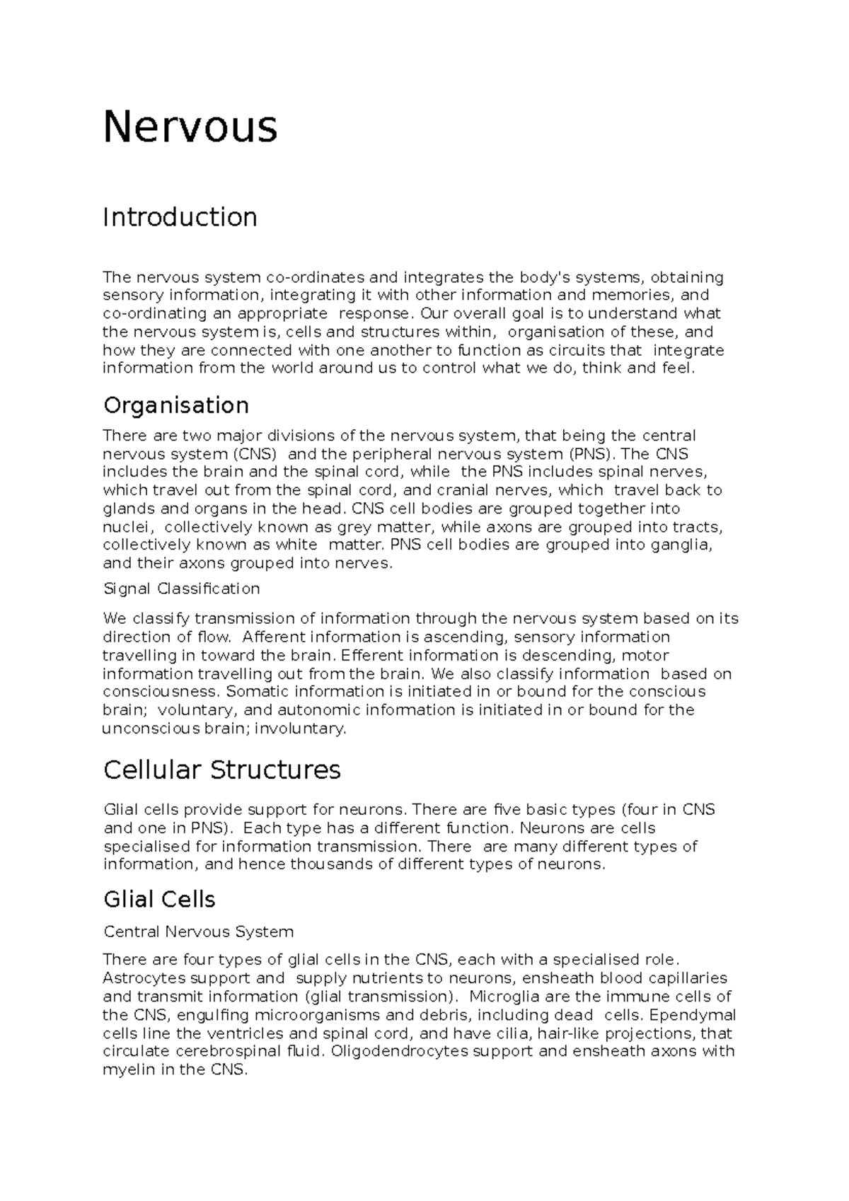 Nervous system summary - Nervous Introduction The nervous system co ...