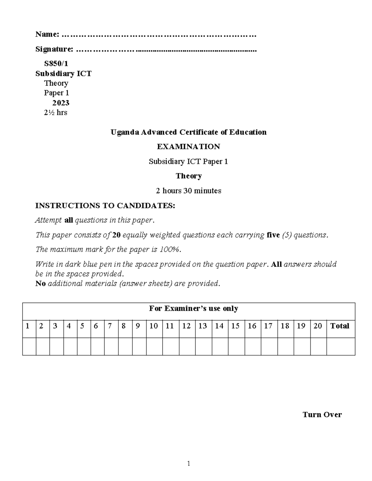 SUB ICT Paper 1 Theory EXAM 2023 - Name: - Studocu