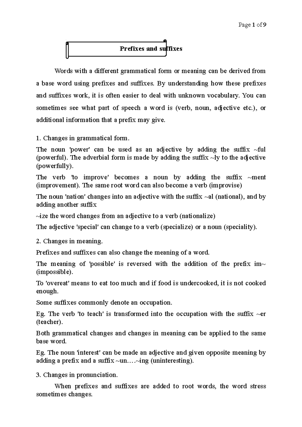 Prefixes and suffixes - Lecture notes 1 - Prefixes and suffixes Words ...
