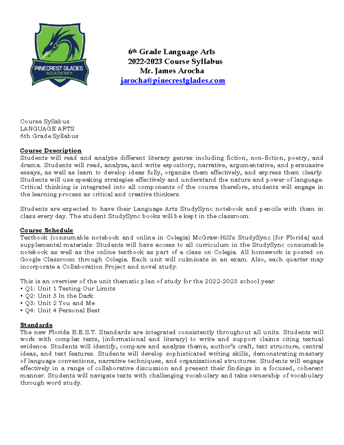 6th Grade Syllabus Final - 6 th Grade Language Arts 2022-2023 Course ...