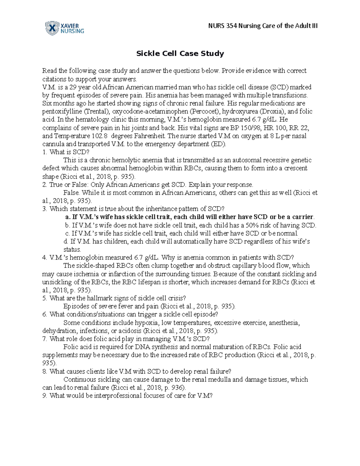 Module 7 Sickle cell Case Study - NURS 354 Nursing Care of the Adult ...