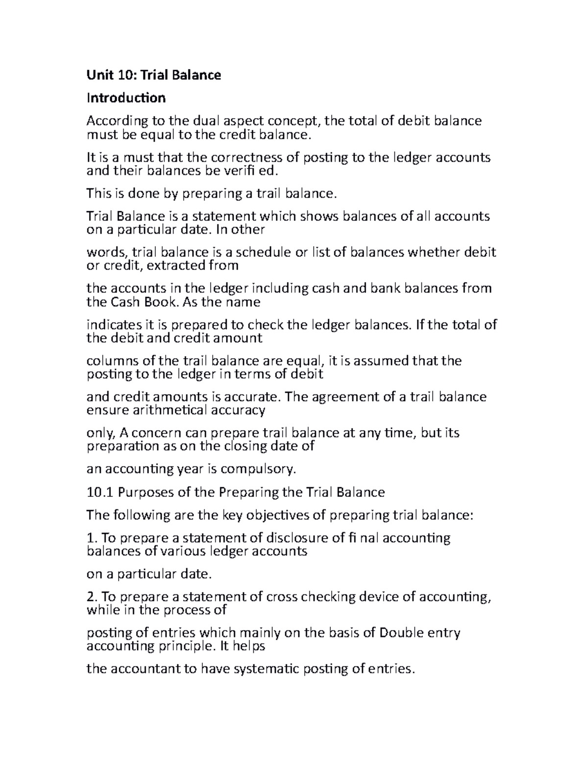 Unit 10 Trial Balance notes - Unit 10: Trial Balance Introduction ...