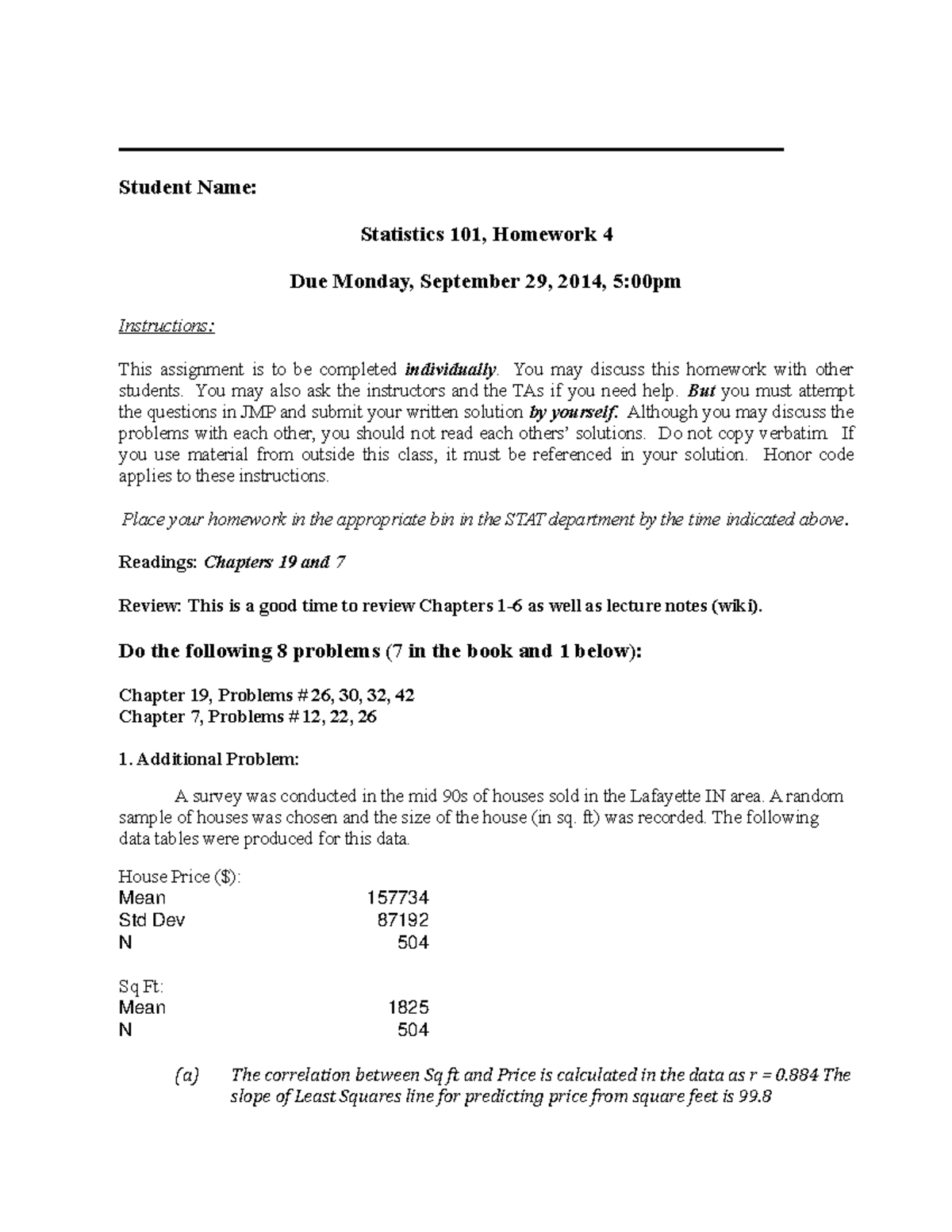 Homework 4 Solutions - Student Name: Statistics 101, Homework 4 Due ...