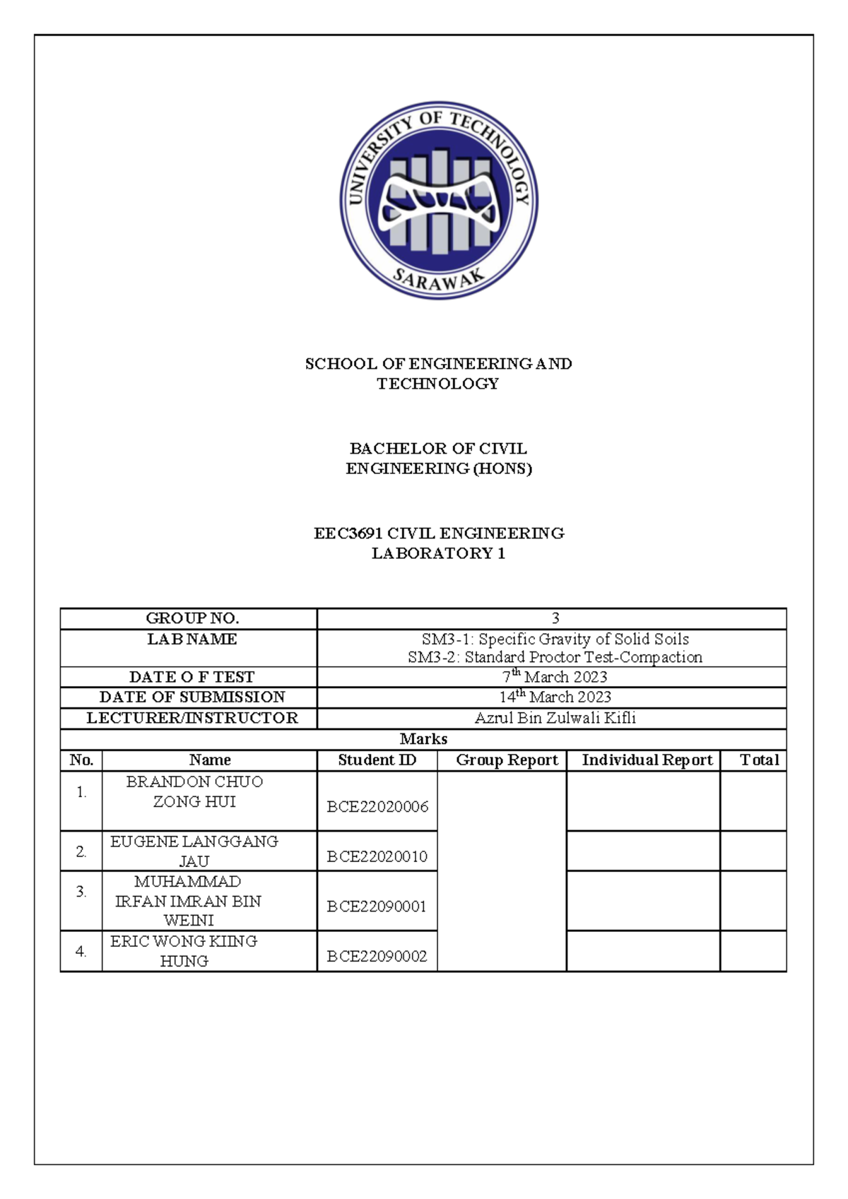 SM3 - Civil Engineering Lab 2- Soil Mechanic 3 - SCHOOL OF ENGINEERING ...