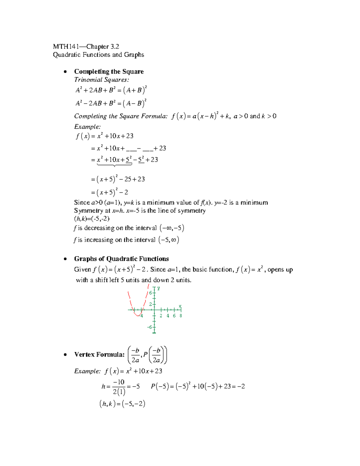 Quadratic Functions and Graphs - MTH141—Chapter 3. Quadratic Functions ...