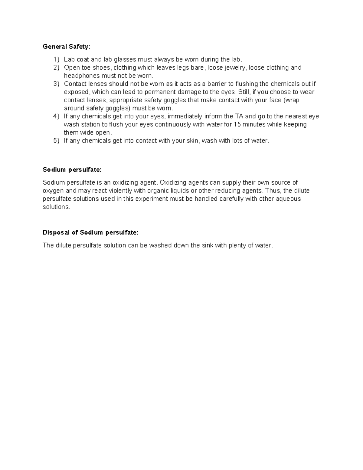 Lab 1 of Bio 103 - General Safety: 1) Lab coat and lab glasses must ...