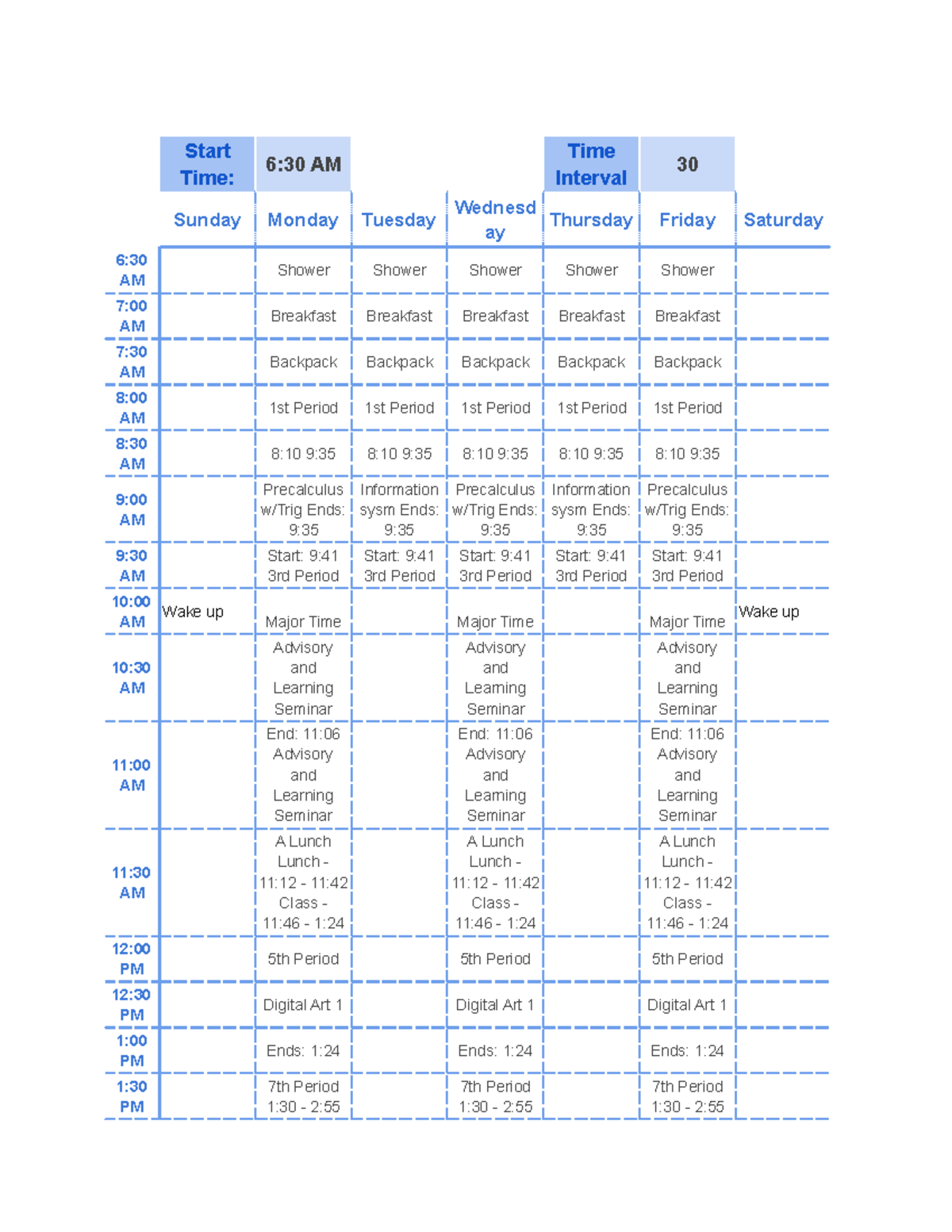 Simple Class Schedule - Shower Breakfast Backpack 1st Period 8:10 9:35 ...