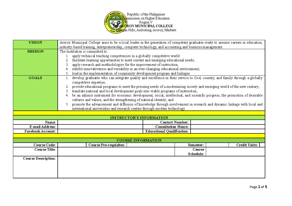 Course- Syllabus - Commission on Higher Education Region V AROROY ...