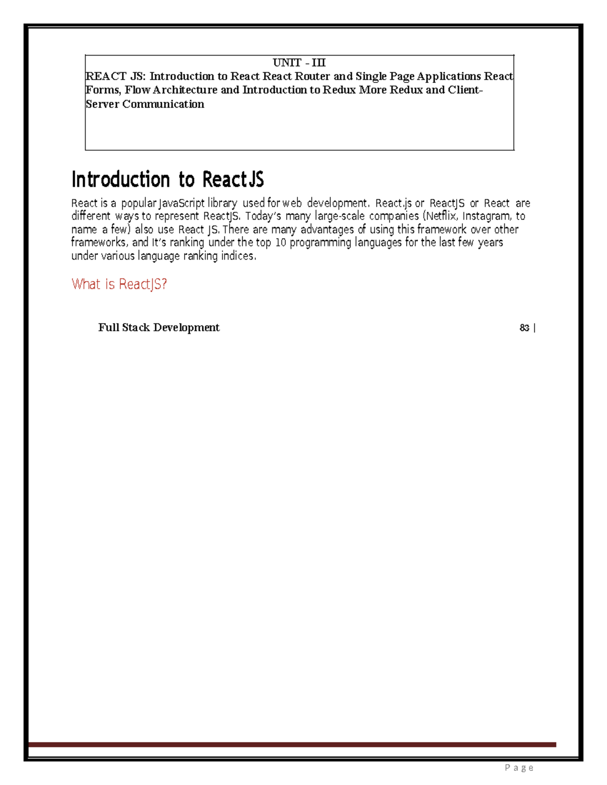 FULL Stack Development(R20A0516) (2 - UNIT - III REACT JS: Introduction to React React Router ...