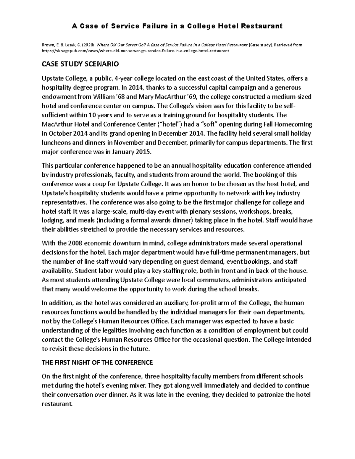 Service Recovery Case Study Assignment - Brown, E. & Lesyk, C. (2020). Where Did Our Server Go ...