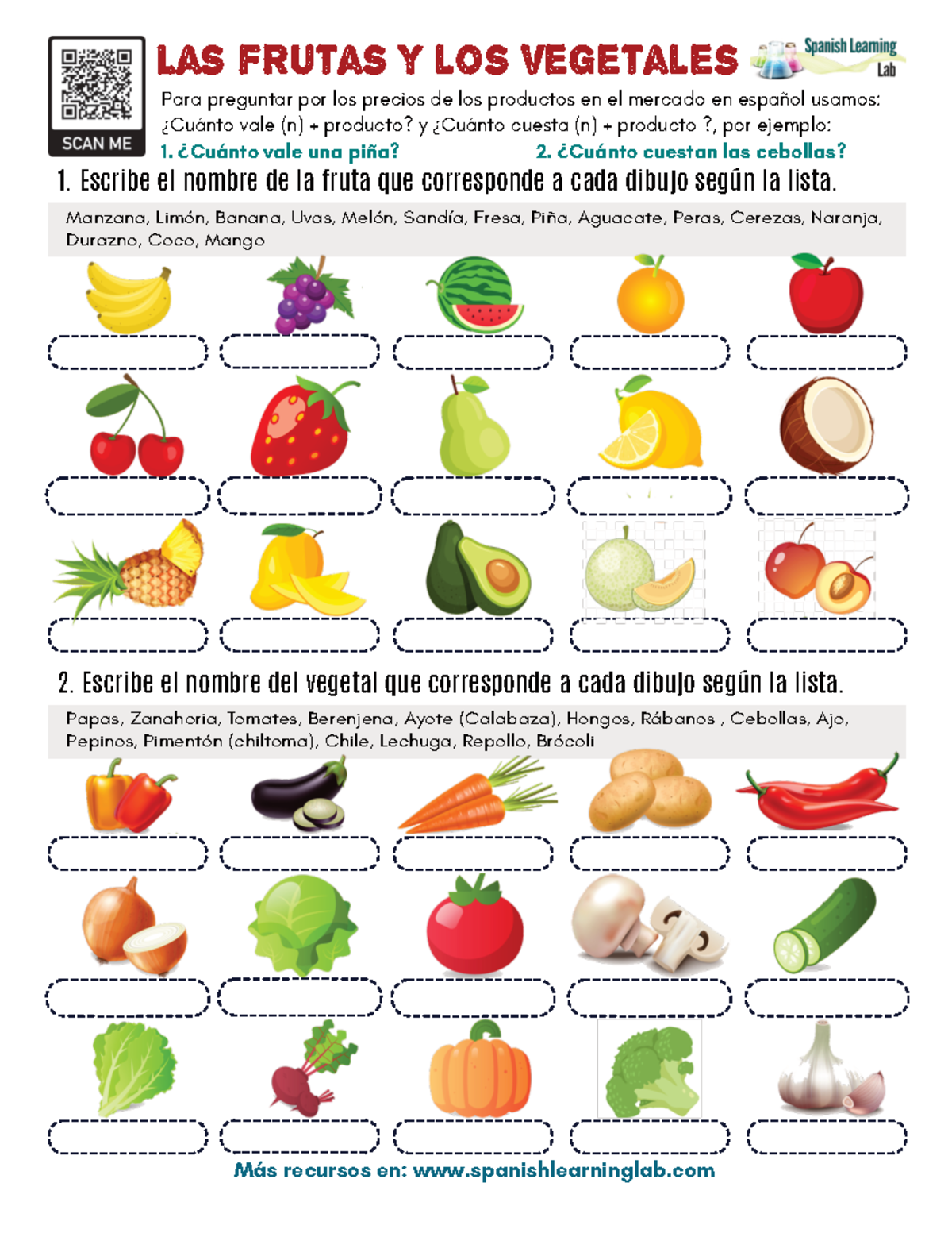Frutas y vegetales espanol fruits vegetables Spanish worksheet with ...