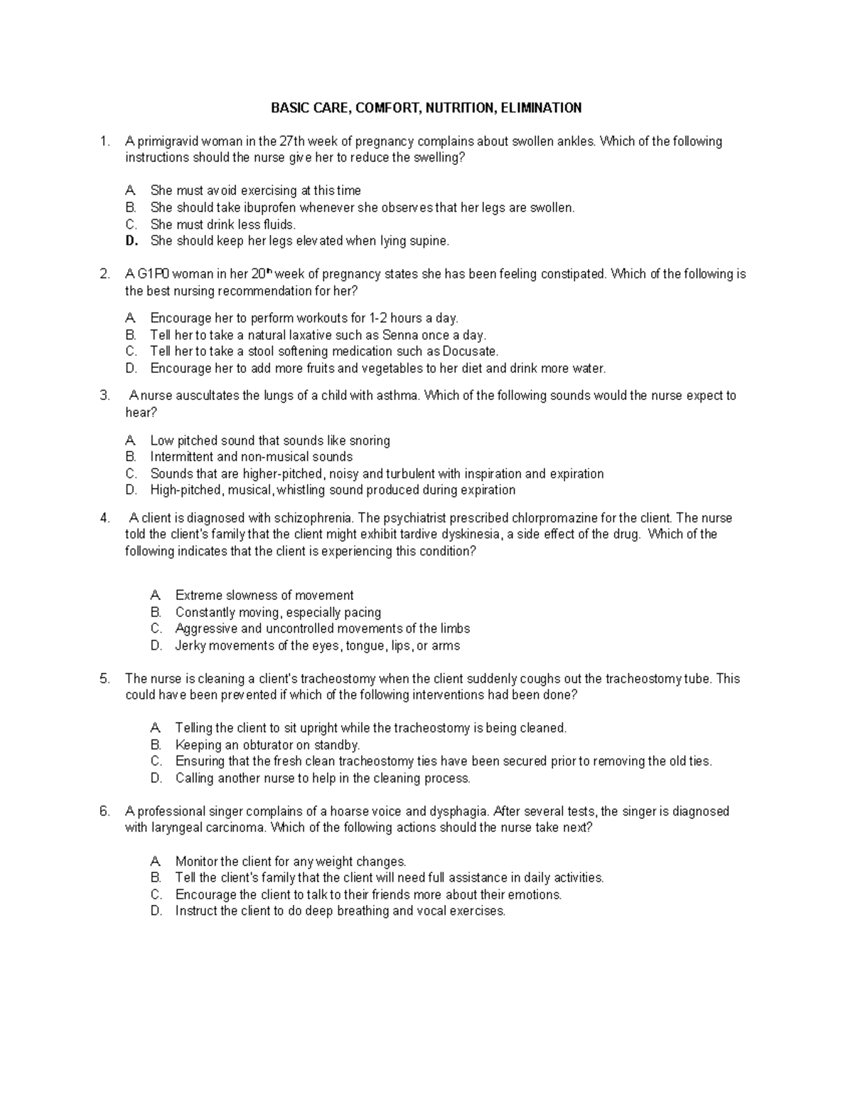 Basic Care and Comfort, Nutrition, Elimination Week 6.docx Questions ...