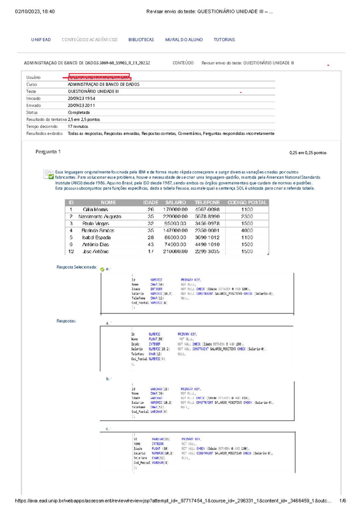 ADM DE Banco DE Dados - Questionário Unidade III - ADMINISTRAÇAO DE ...