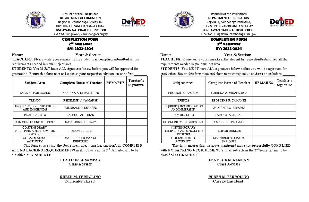 Completion-form - checklist - Republic of the Philippines DEPARTMENT OF ...