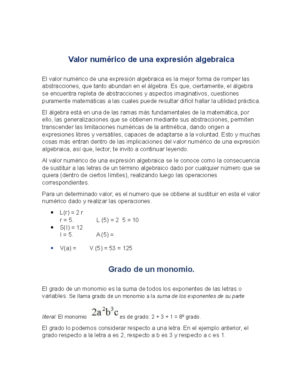 Infome de tutoria valor numerico de una expresion algebraica - Valor ...