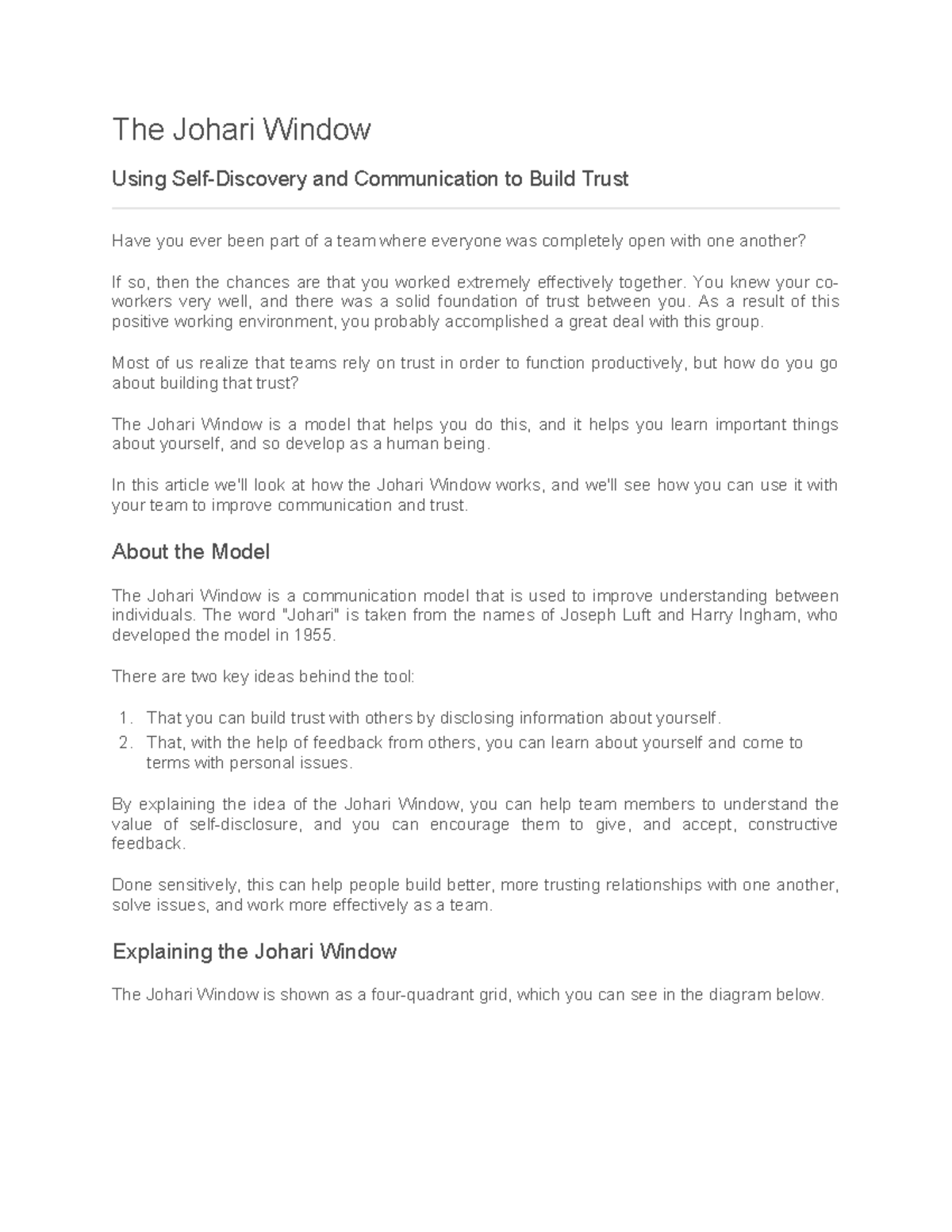The Johari Window - The Johari Window Using Self-Discovery and ...