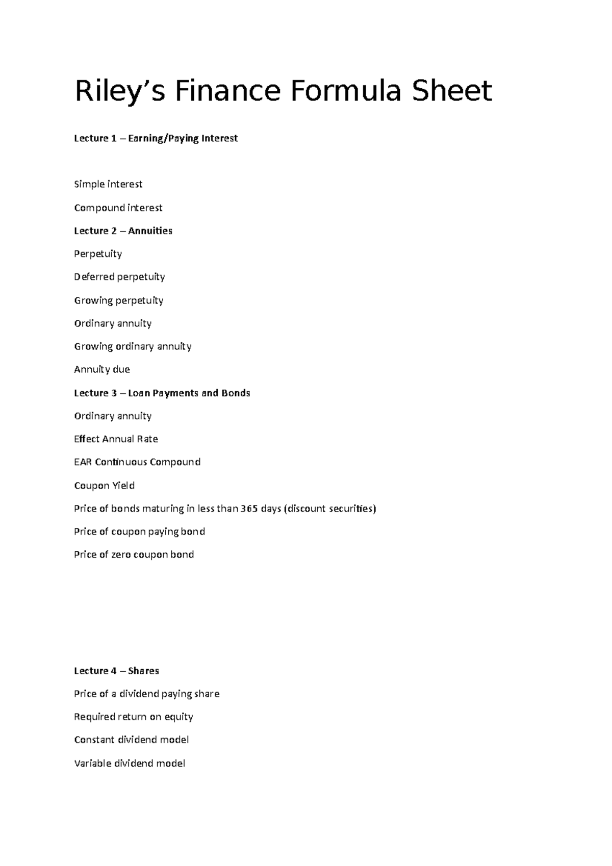 Formula sheet custom 2 - Riley’s Finance Formula Sheet Lecture 1 ...
