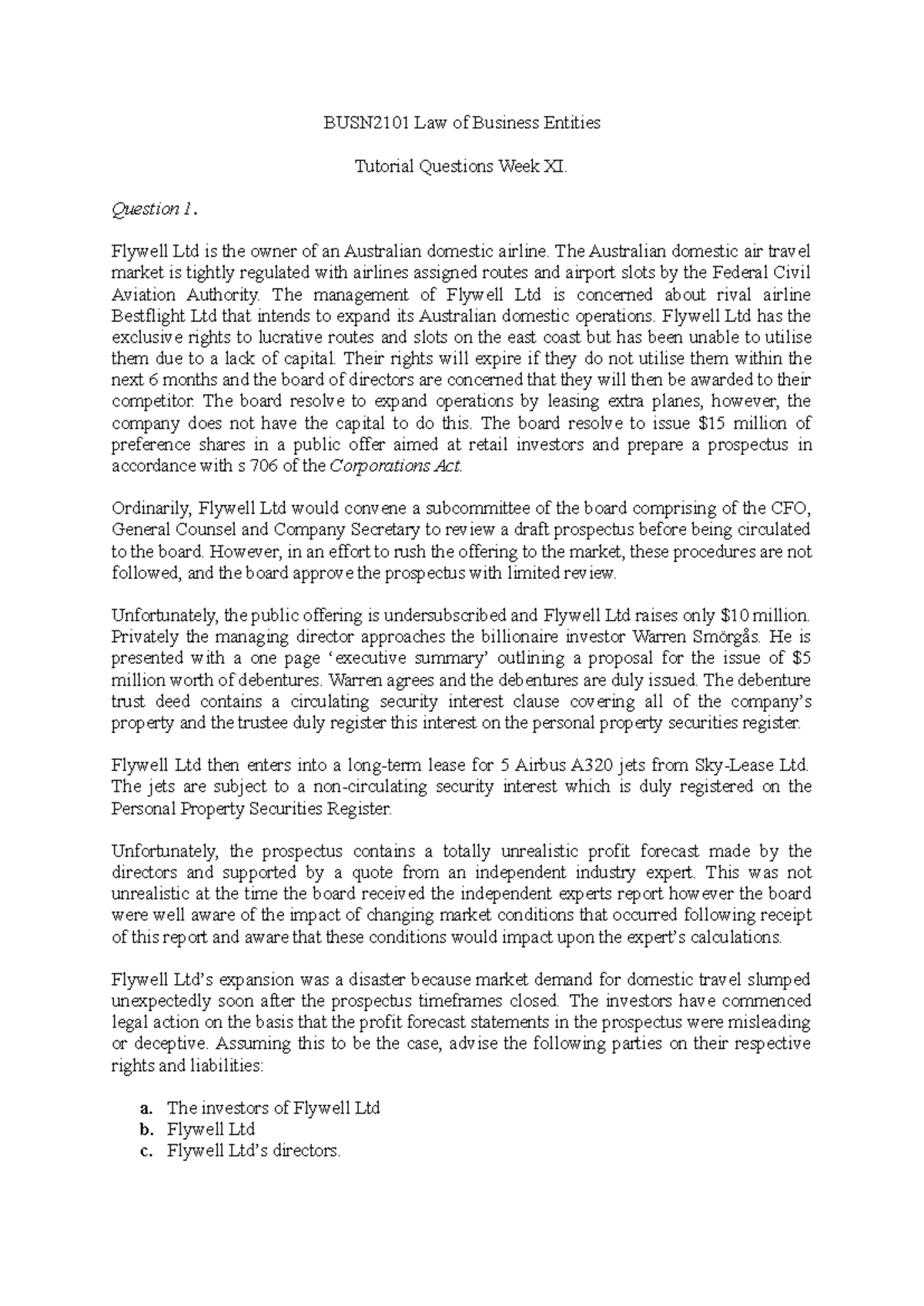 Tutorial Questions Week XI (Exam Notes) - BUSN2101 Law of Business ...