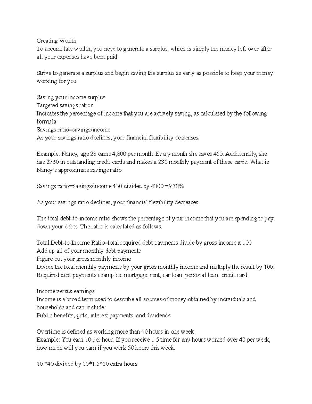 Chapter 3 Finance Notes - Creating Wealth To accumulate wealth, you ...