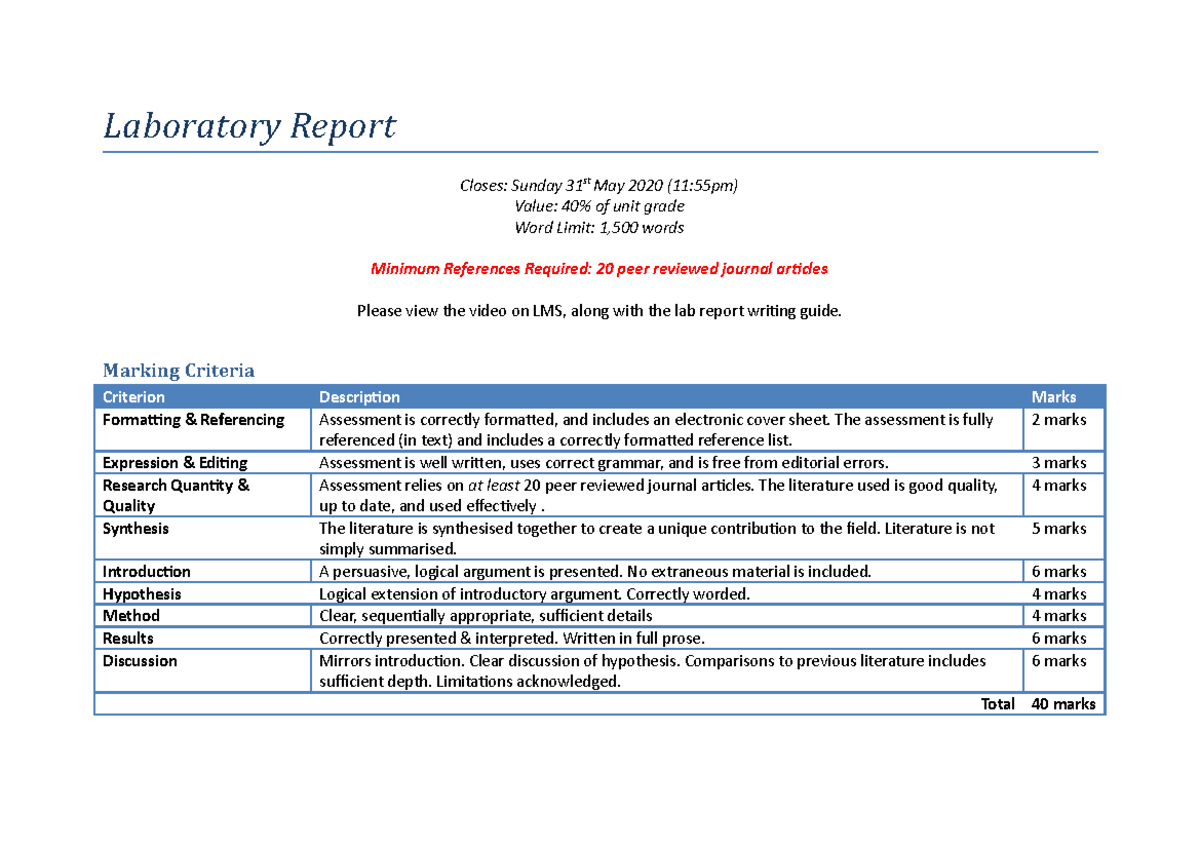 Lab Report Marking Criteria - Laboratory Report Closes: Sunday 31st May ...