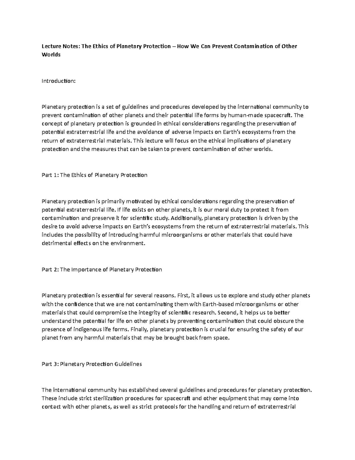 Lecture Notes: The Ethics of Planetary Protection – How We Can Prevent ...