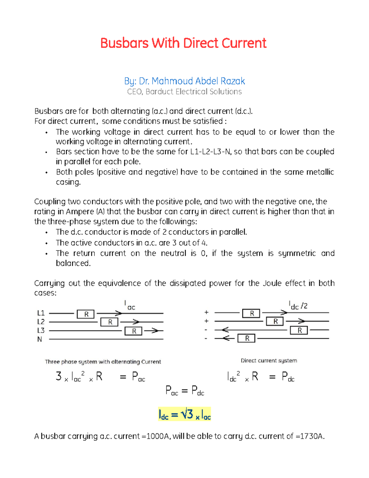 Busbars WITH Direct Current - Busbars With Direct Current By: Dr ...