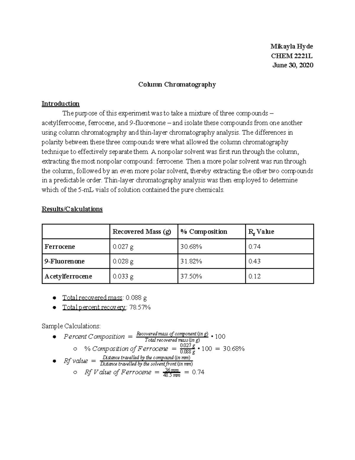 Experiment 7 Lab Report - Mikayla Hyde CHEM 2221L June 30, 2020 Column ...