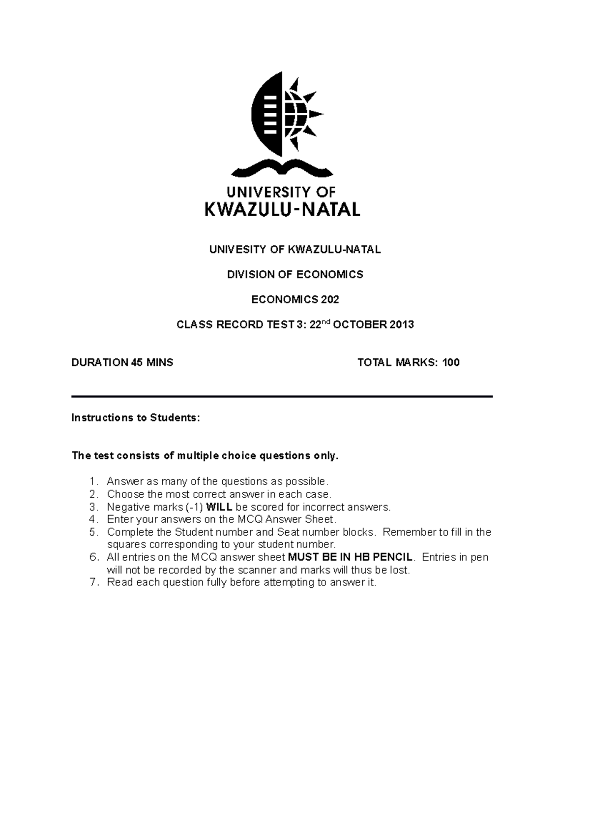 Test 3 Econ 202 Univesity Of Kwazulu Natal Division Of Economics