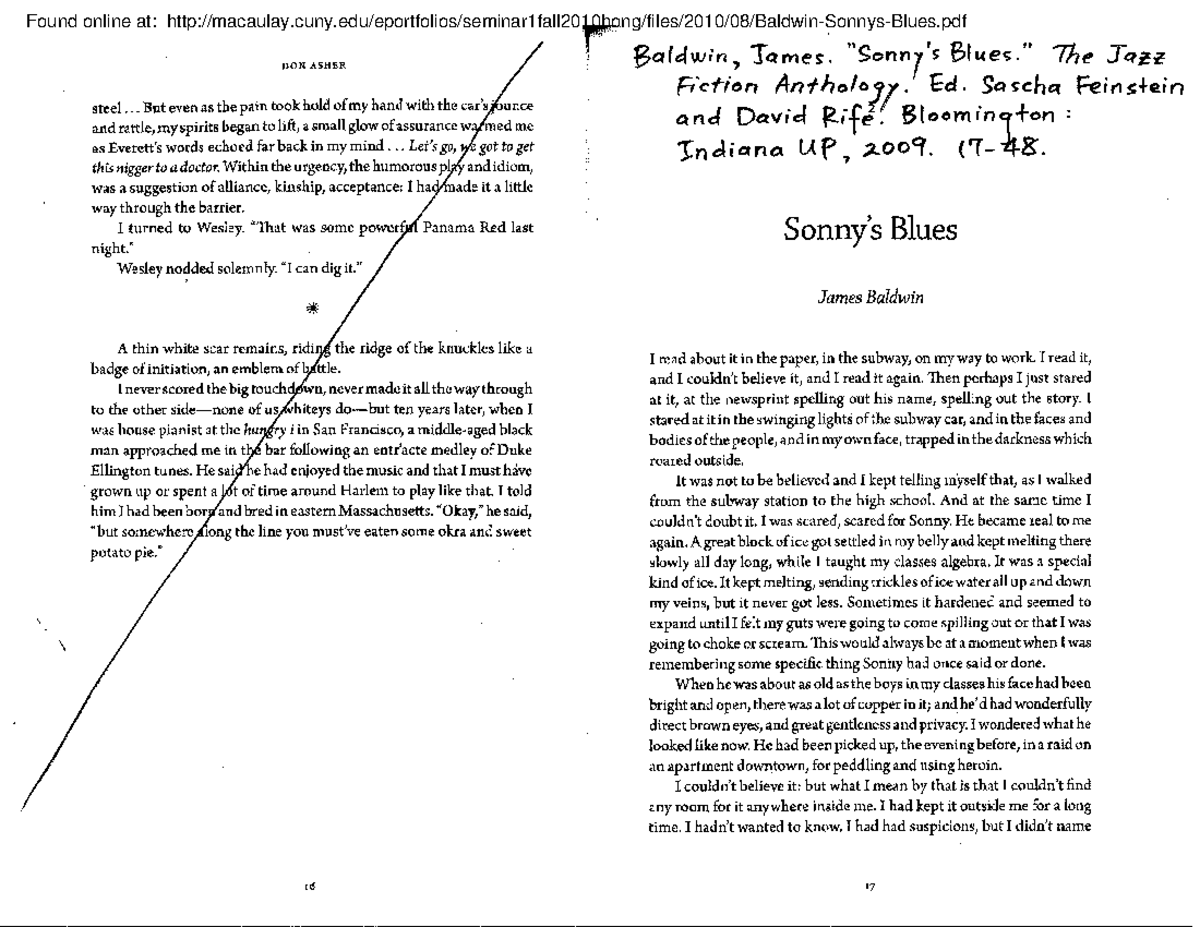 James Baldwin-Sonnys-Blues - AFAM 428B - Studocu